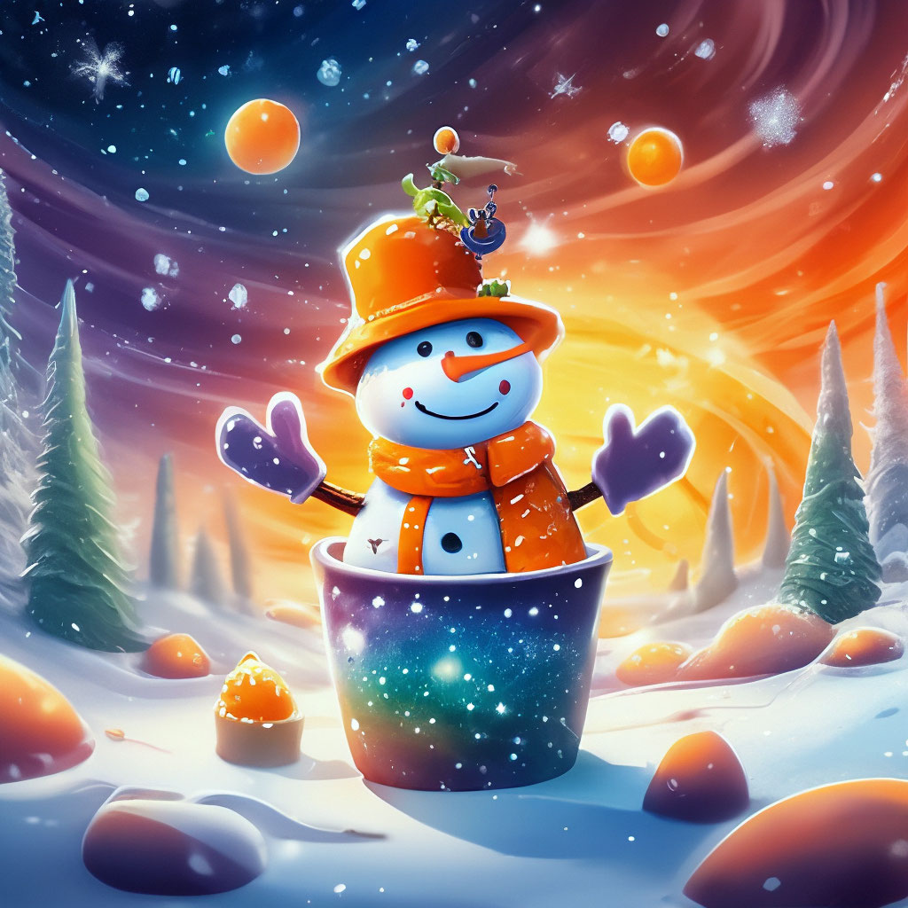 "Cute snowman with a bucket on his head, wearing mittens and a scarf ...