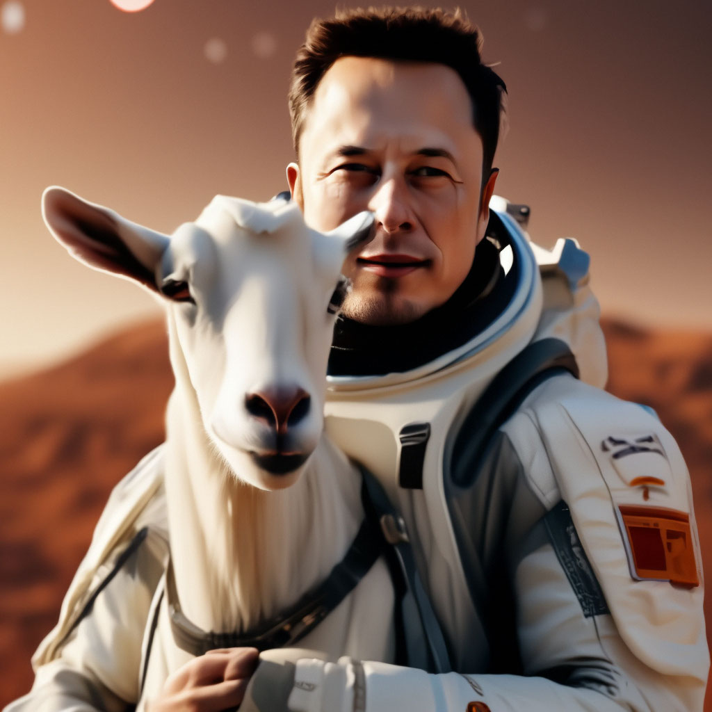 "A white goat in the arms of Elon Musk on Mars" — image created in ...