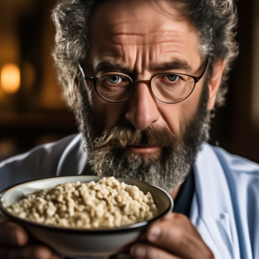 "Harold Shipman eating oatmeal, in a doctor's robe, photorealism ...