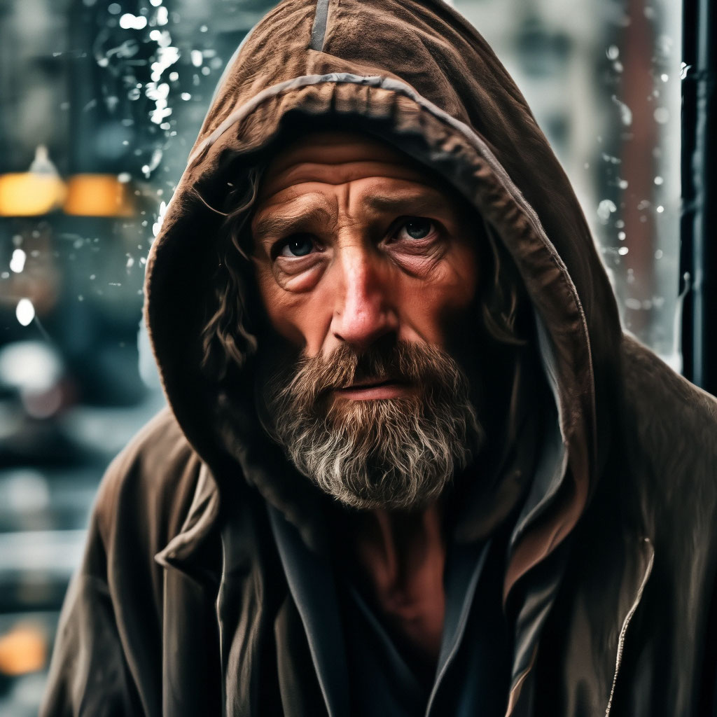 "The homeless man in the glass" — image created in Shedevrum