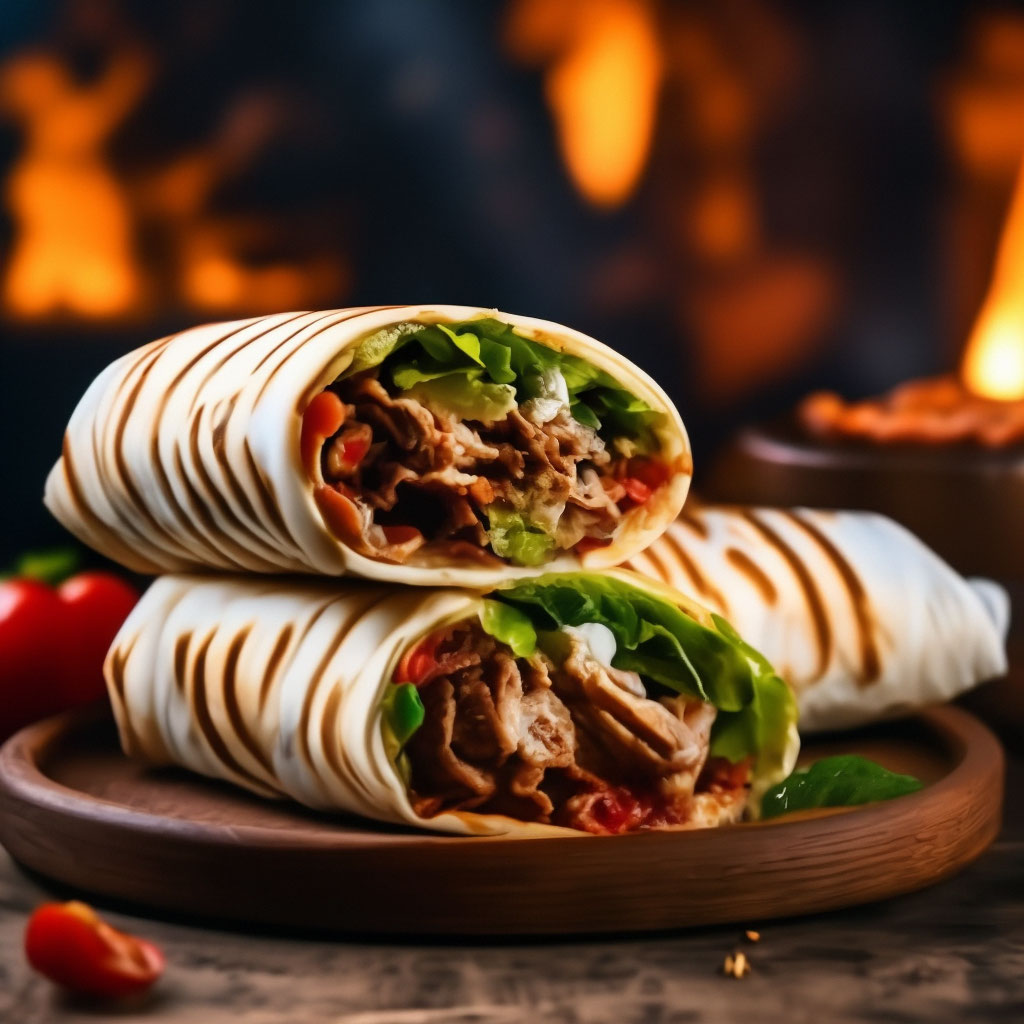"Very appetizing shawarma, beautiful, professional photo, 4k, dim ...