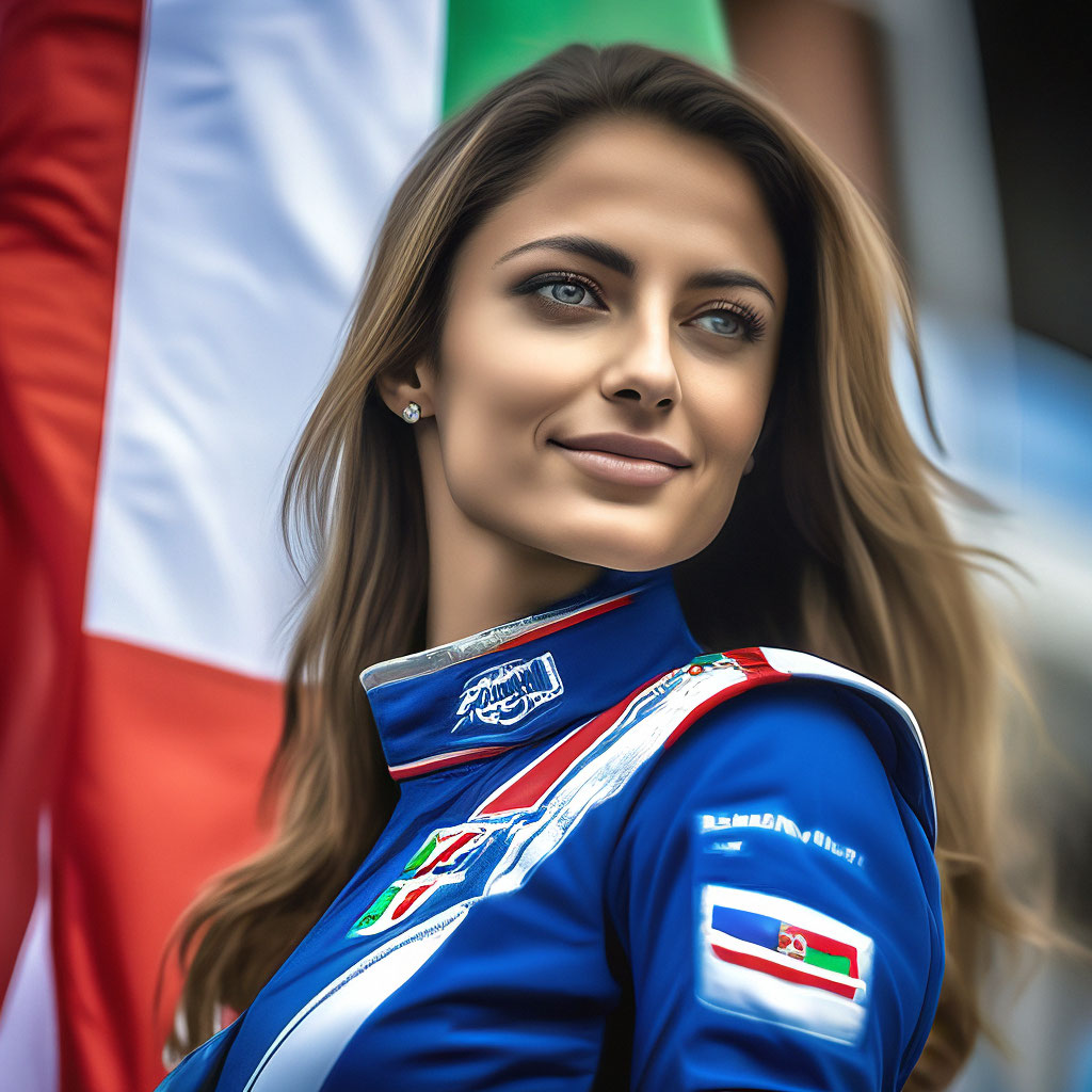 "Girl,Italian woman on the podium of the racetrack in Italian flaga ...