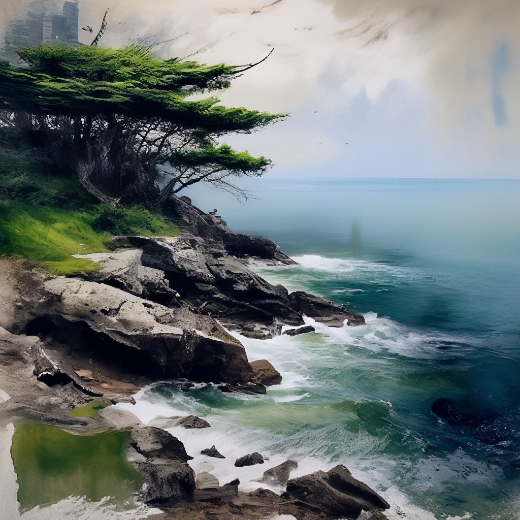 "Sea, coastline, grunge landscape, beautiful, realistic, blue, gray ...