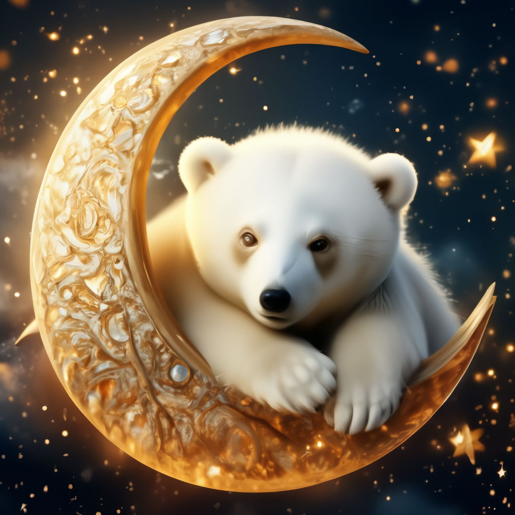 "A cute white bear cub sleeps on a crescent moon, beautiful stars ...