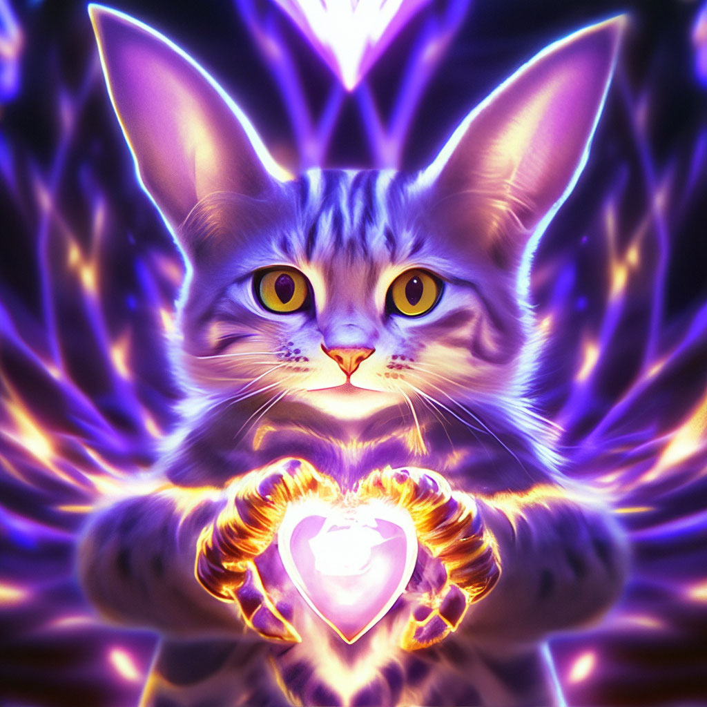 "A fractal striped purple fiery rabbit-cat holds a fractal diamond ...