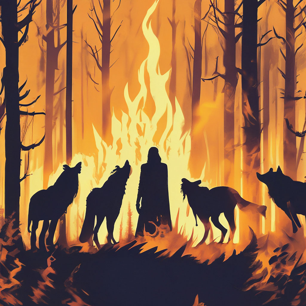"A pack of wolves in the foreground and behind the fire is a faceless ...