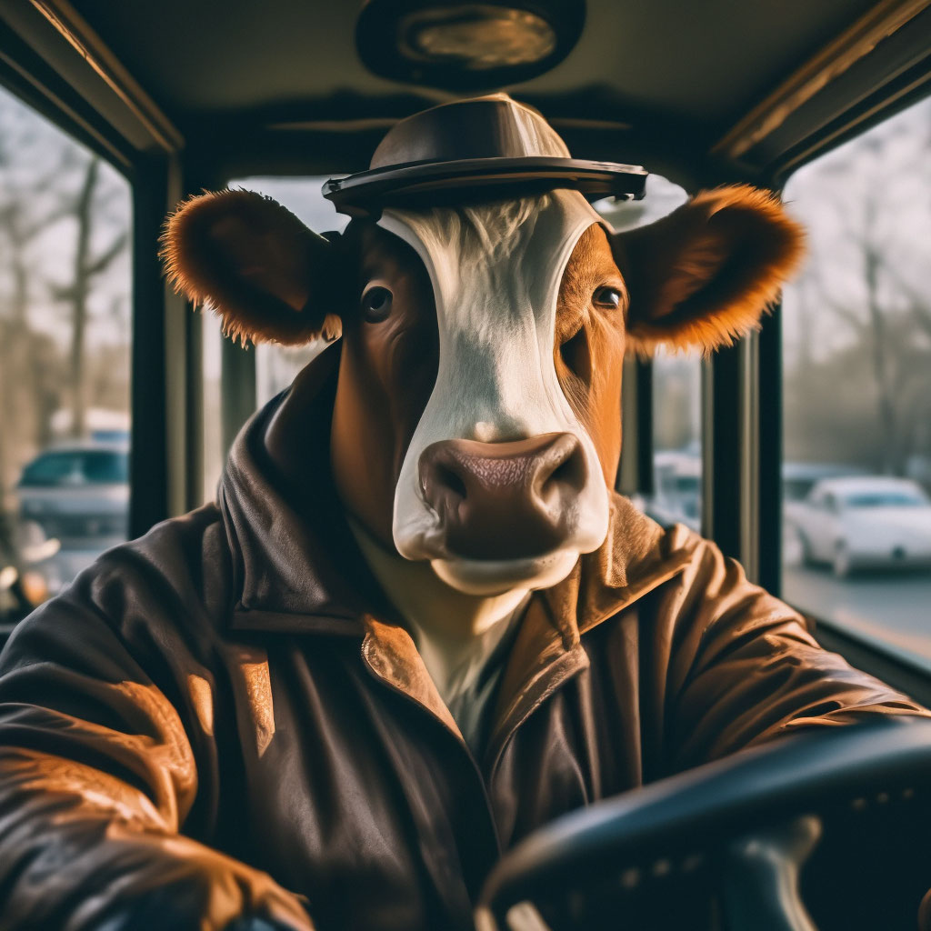 "Anthropomorphic bull trucker driving a truck,spered view , 35mm lens 1 ...