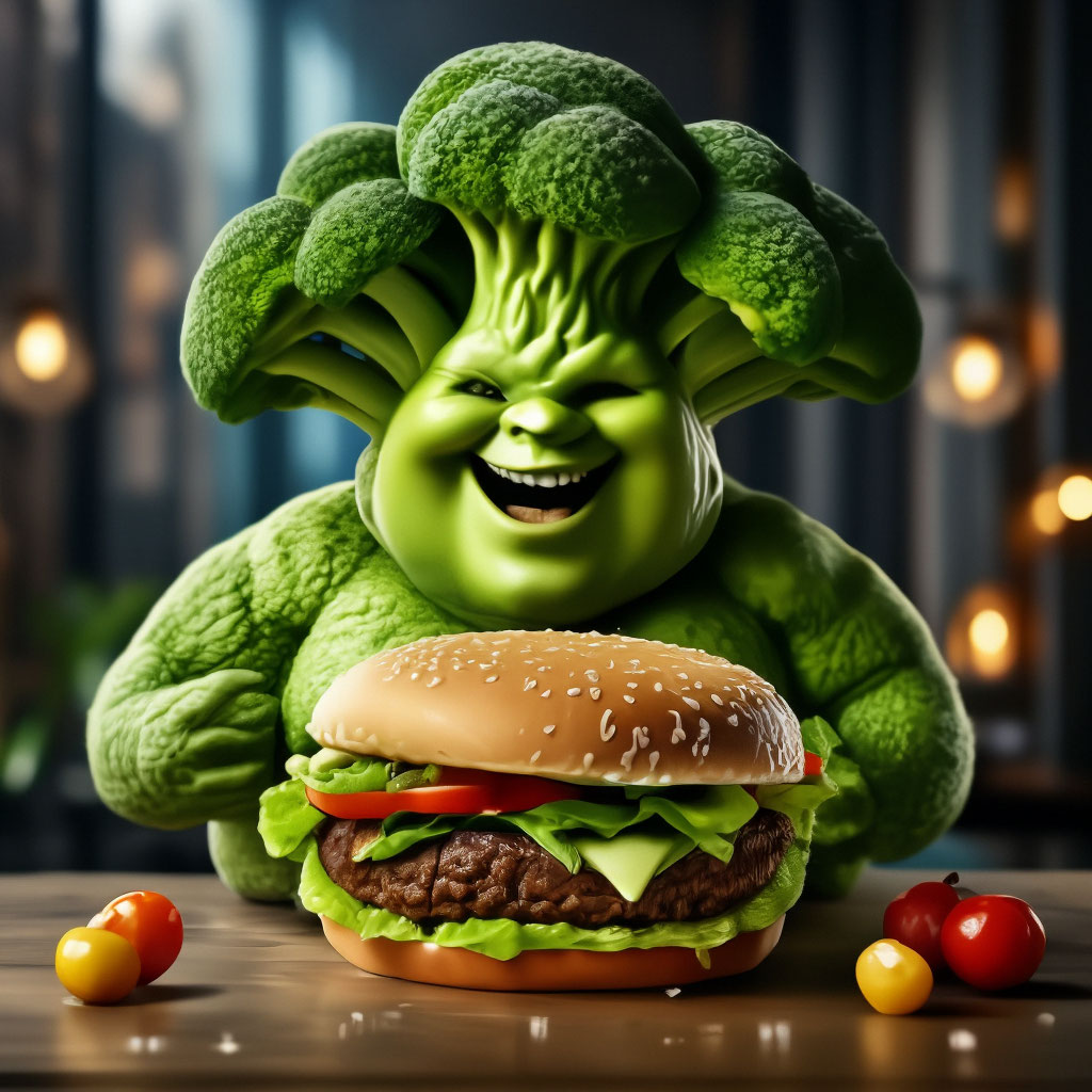 "Fat broccoli eating a burger, a parody" — image created in Shedevrum