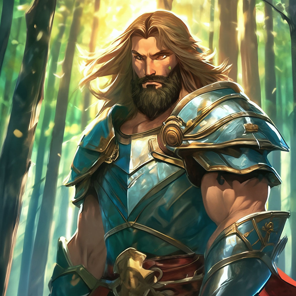 "Tall, strong,muscled hero +beard + chain mail + spear + menacing look ...