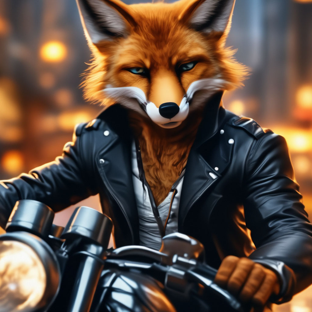 "Anthropomorphic fox biker in an unbuttoned vest on a motorcycle, full ...