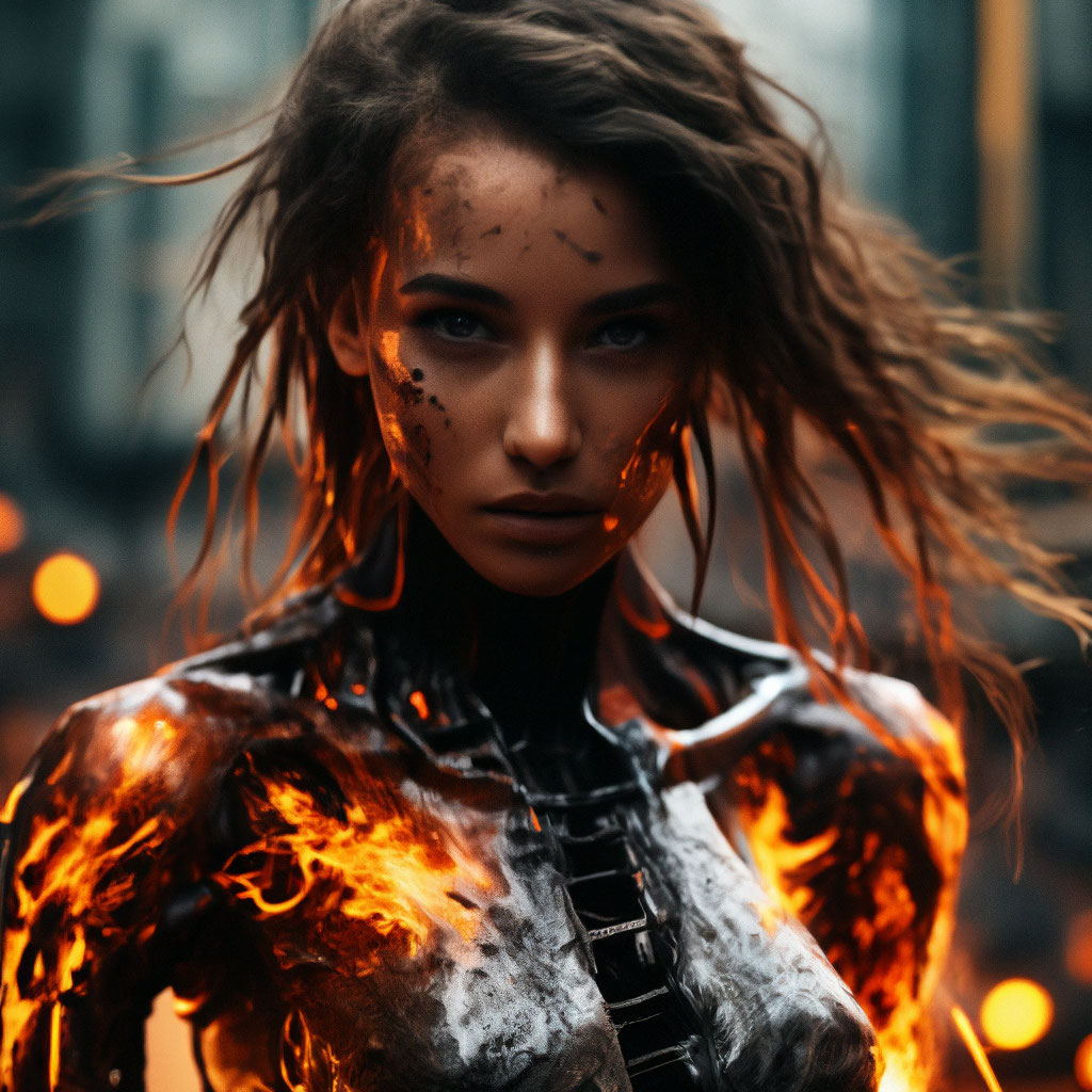 "A view from afar, a completely burned cyborg girl robot, charred ...