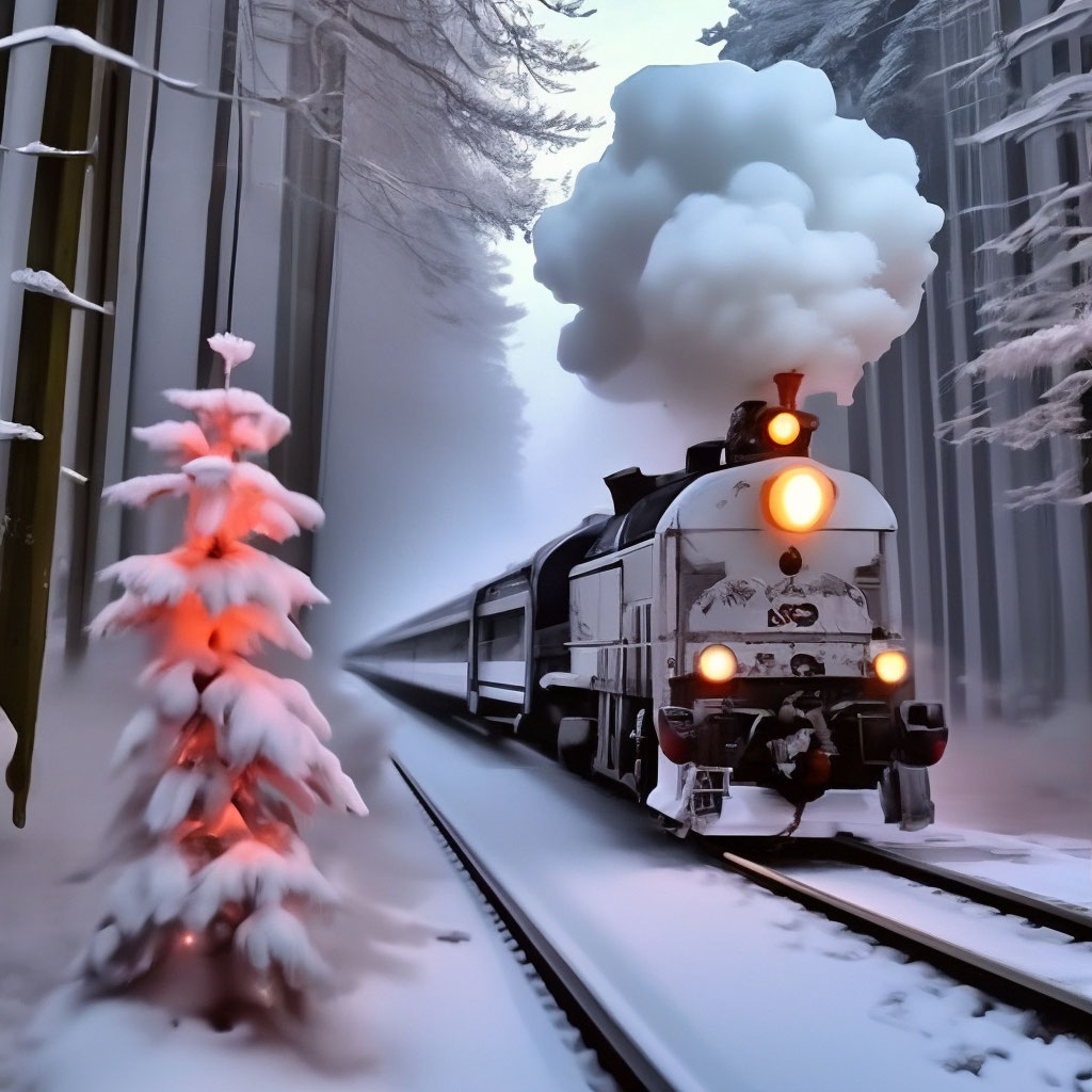 "Steam train in the winter forest, alien albino peony and albino zombie ...