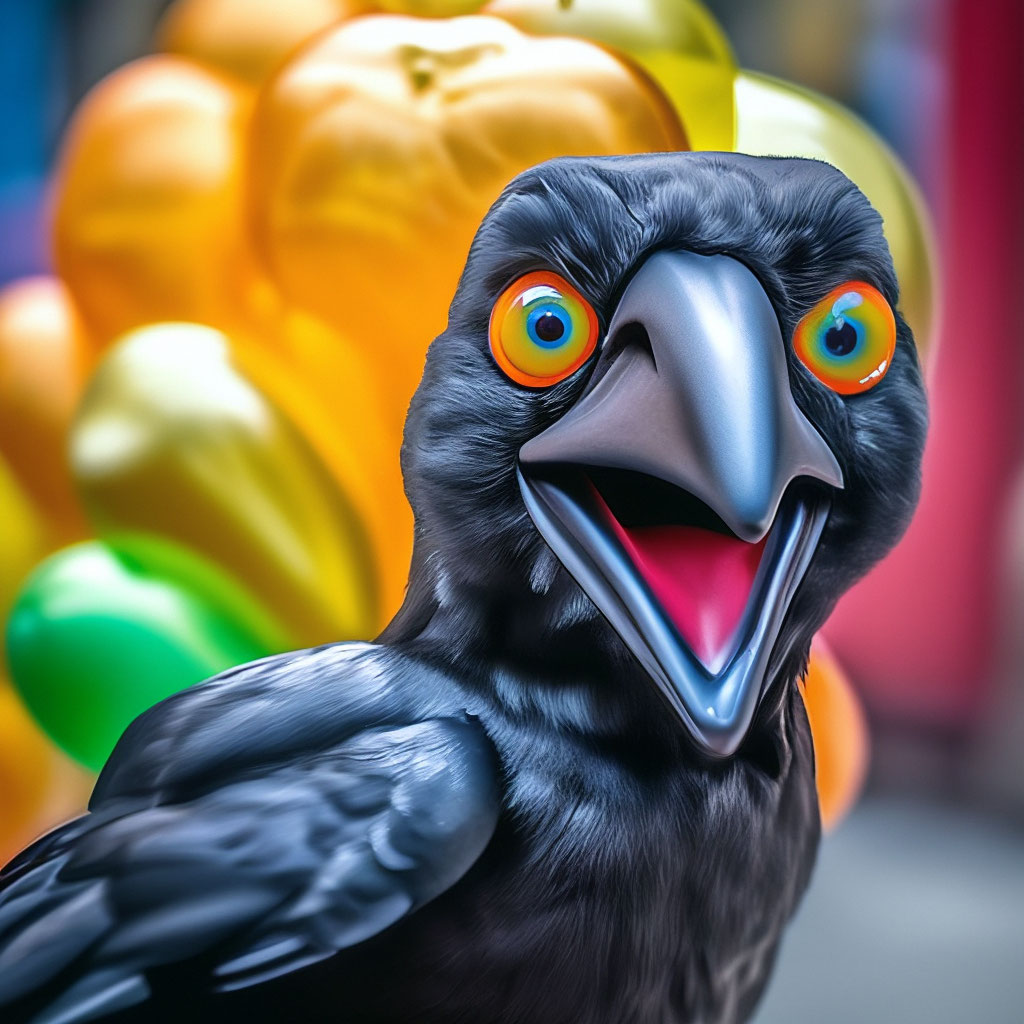 "A crow pulls a balloon. Bug-eyed funny smiling eyes hyperbolic, sly ...