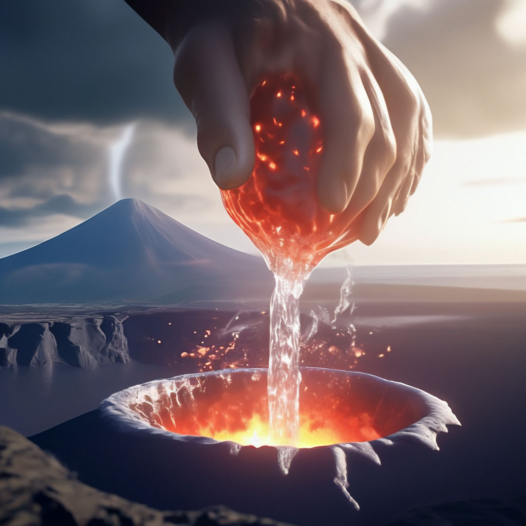 "A giant hand from heaven pours water from a kettle into the crater of ...