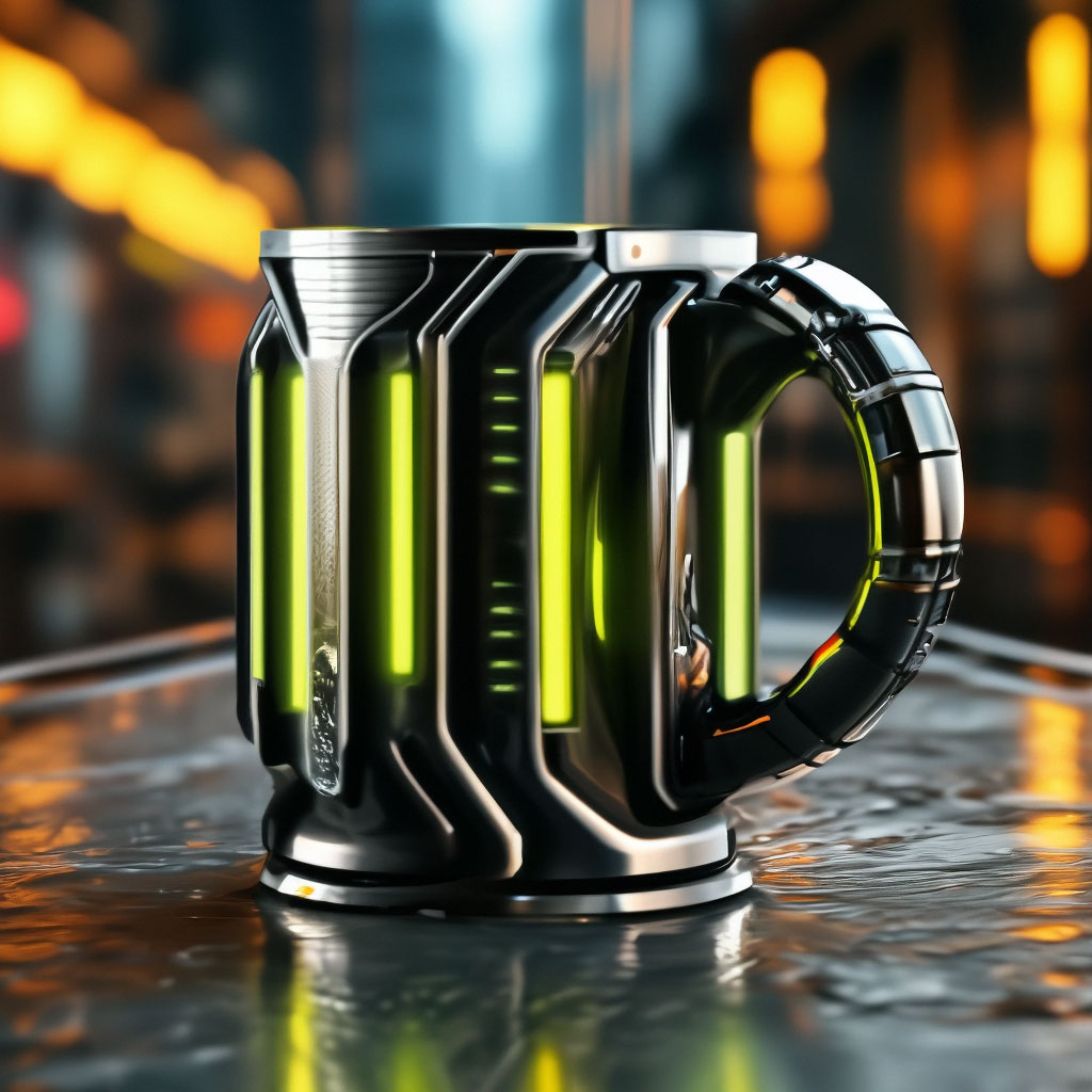 "Radioactive mug with laser handle, with smooth curved legs, cyberpunk ...