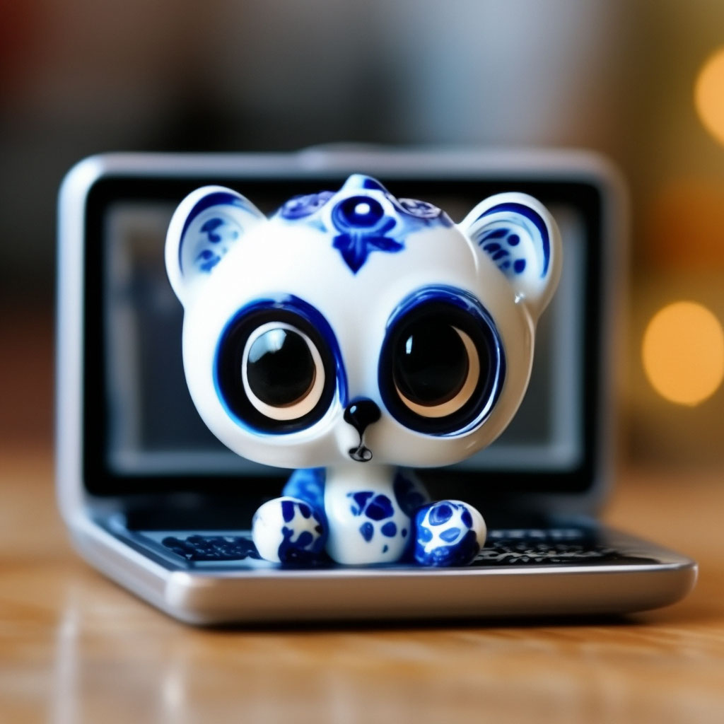 "Gzhel miniature MacBook porcelain toy, gzhel colors, big eyes, small ...