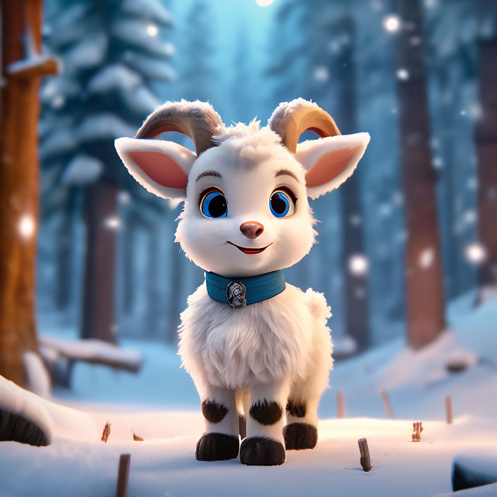 "🐐 cute little cartoon goat, standing in a winter forest, cute, fluffy ...