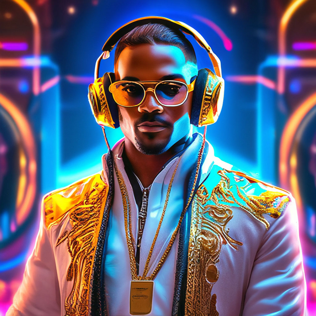 "European DJ in Faberge style, wearing gold headphones and dark glasses ...