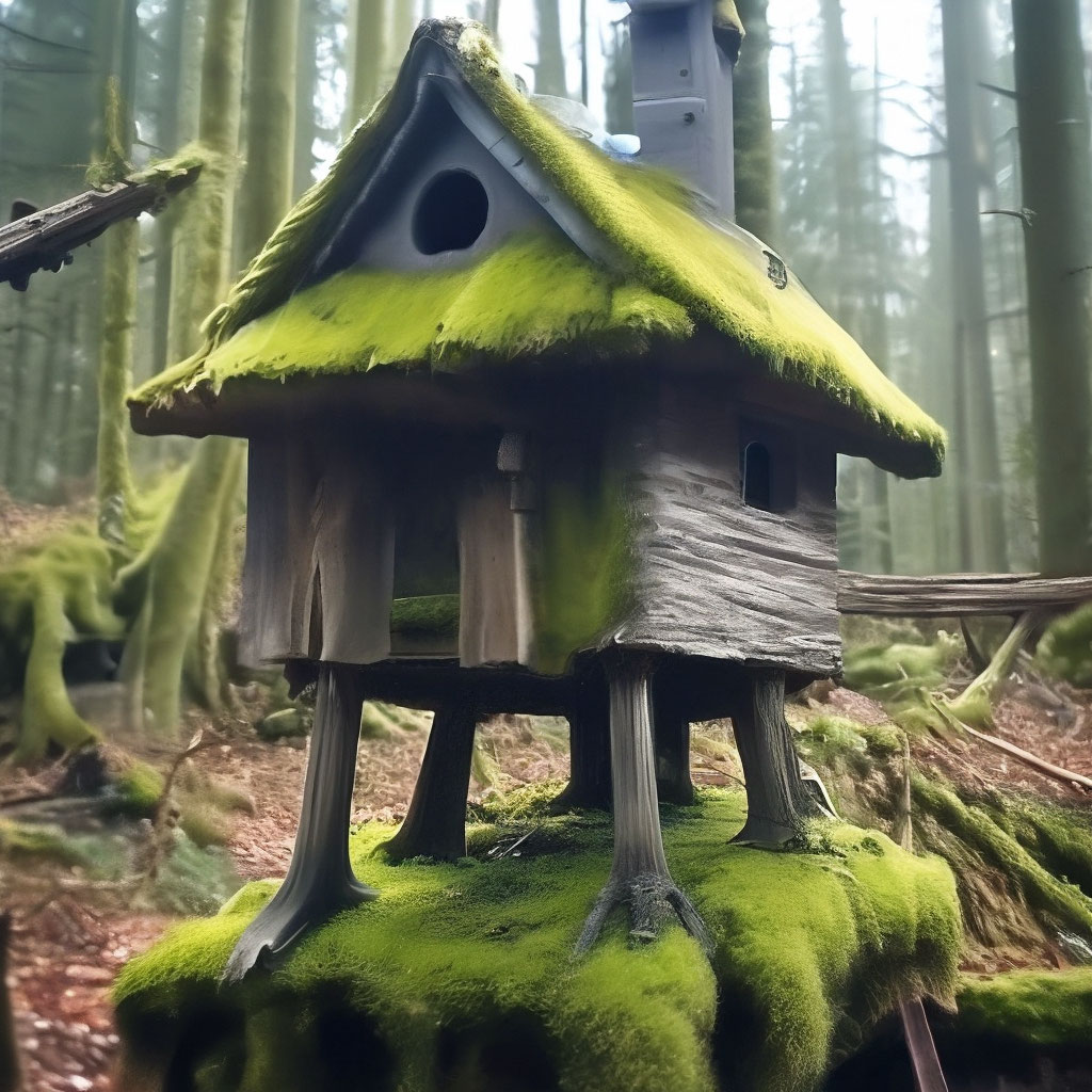 "Anthropomorphic hut, standing on two legs, chicken legs, in the woods ...