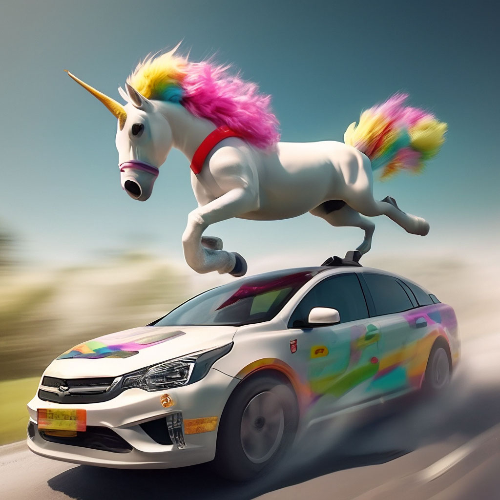 "A car with a unicorn on the roof" — image created in Shedevrum