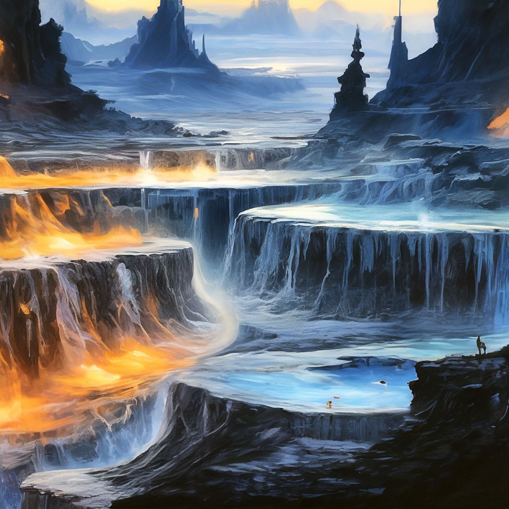 "Plateau of geysers, night, haze, the finest ink drawing surrealism ...