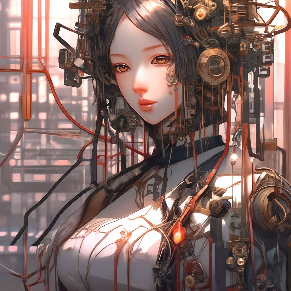 "Girl kimono, wires, mechanism, Cyberpunk, warm light on her face ...