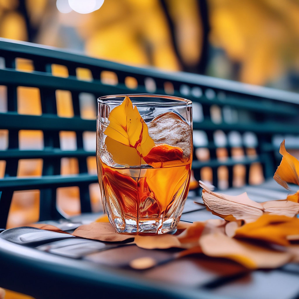 "Autumn drink on the bench. on the background of leaf fall, 30mm lens ...