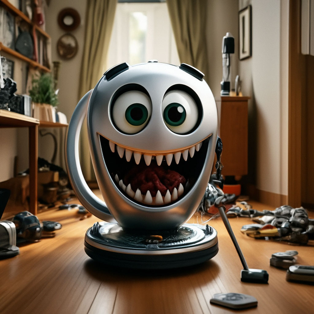 "A mischievous vacuum cleaner, adorned with teeth that gleam like ...