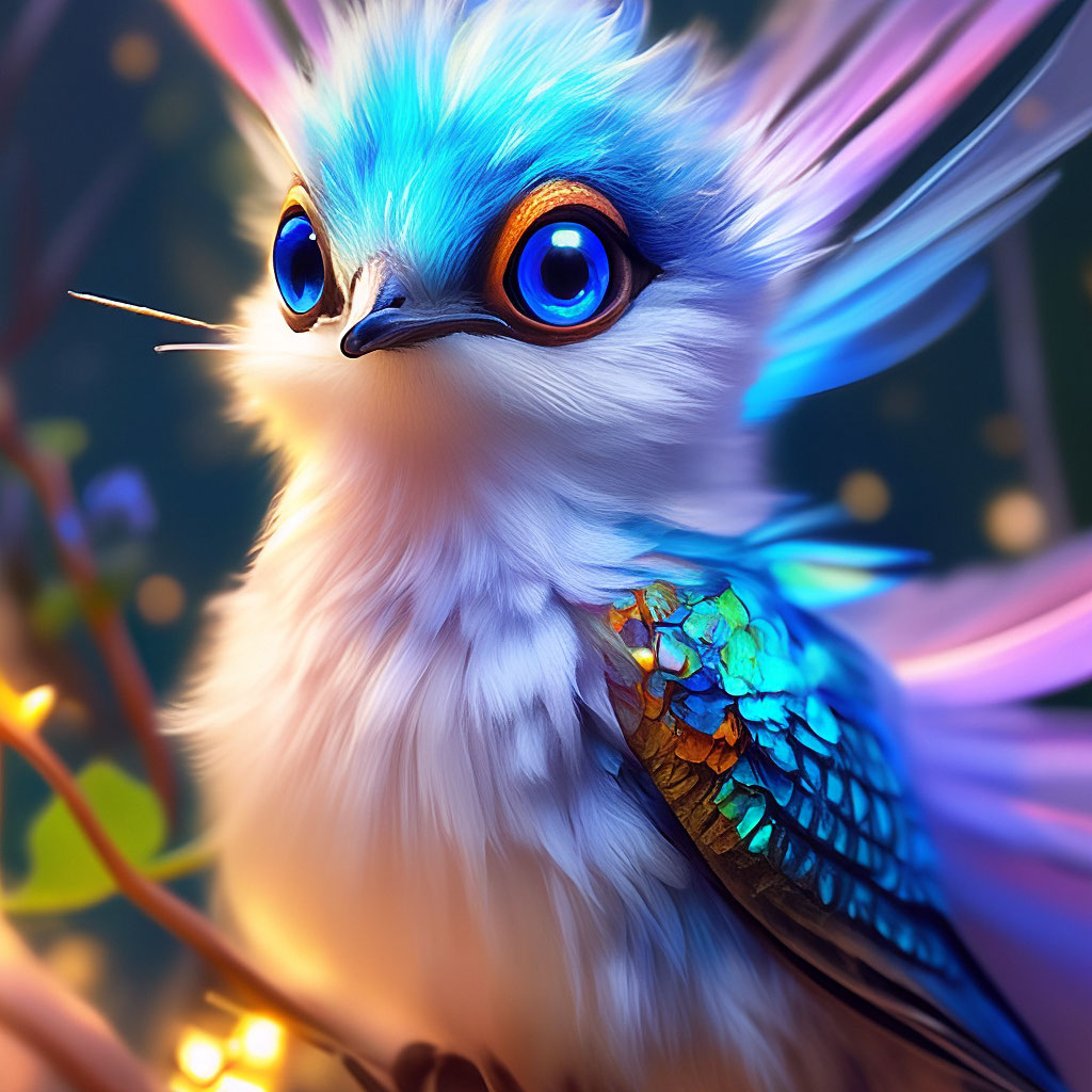 "Magical fluffy hummingbird+gremlin, with beautiful eyes, with a long ...