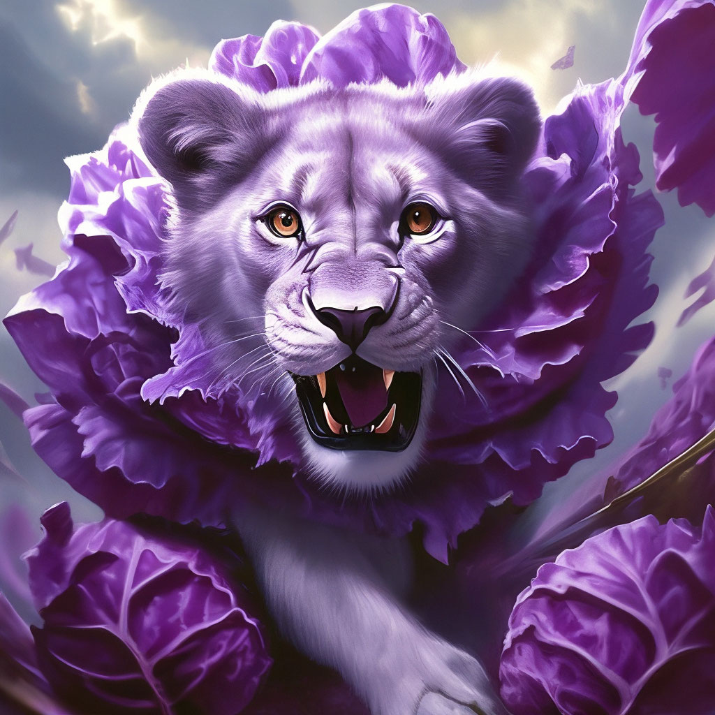 "Fluffy Flying lion 🦁 from the color purple cabbage 🥬 in flight ️ ...
