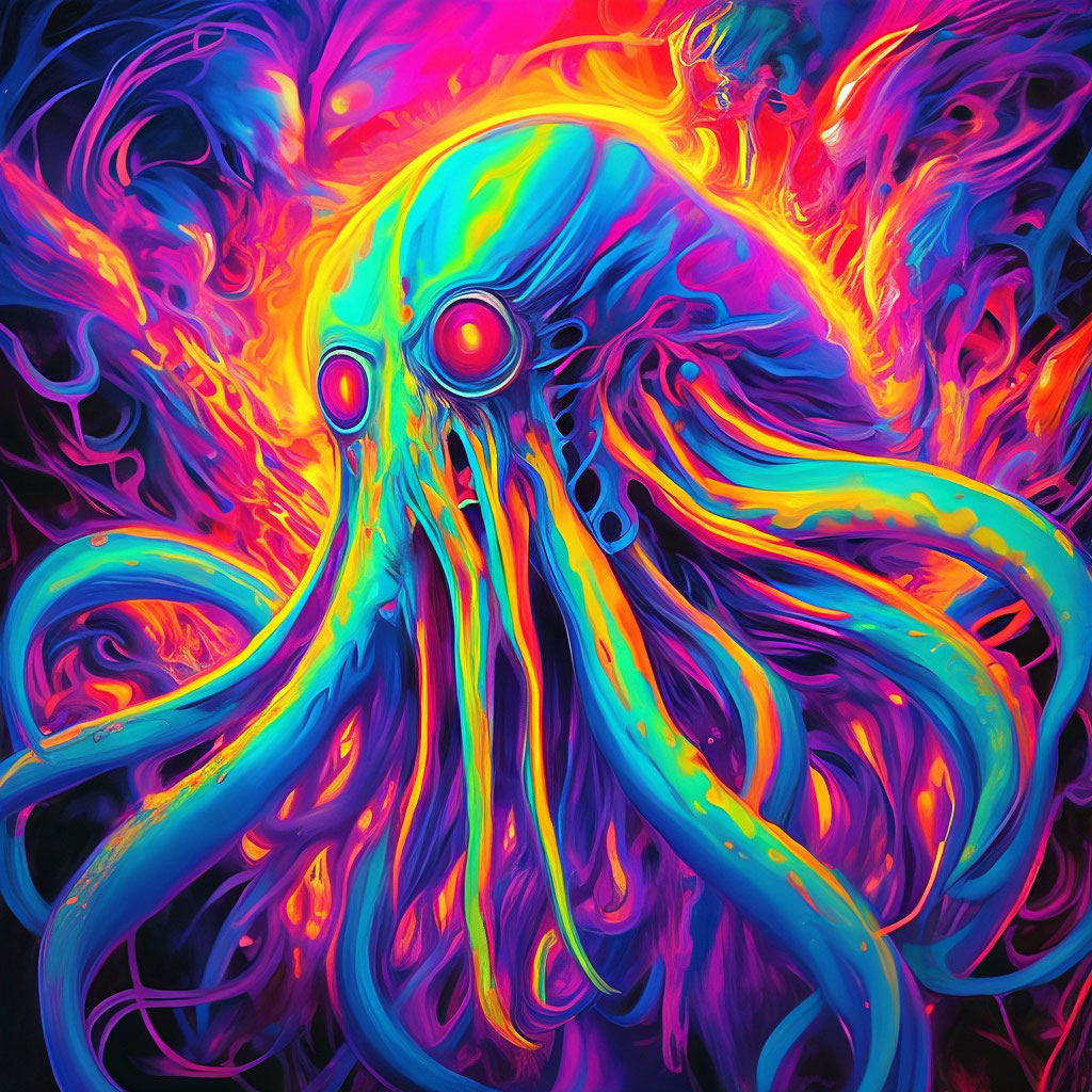 "Human squid monster , psychedelic bright colors , horror , darkness ...