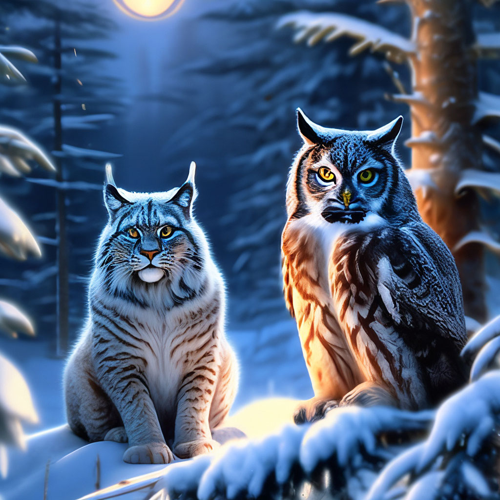 "Night. winter forest. a lynx is sitting in the snow, and an owl is ...