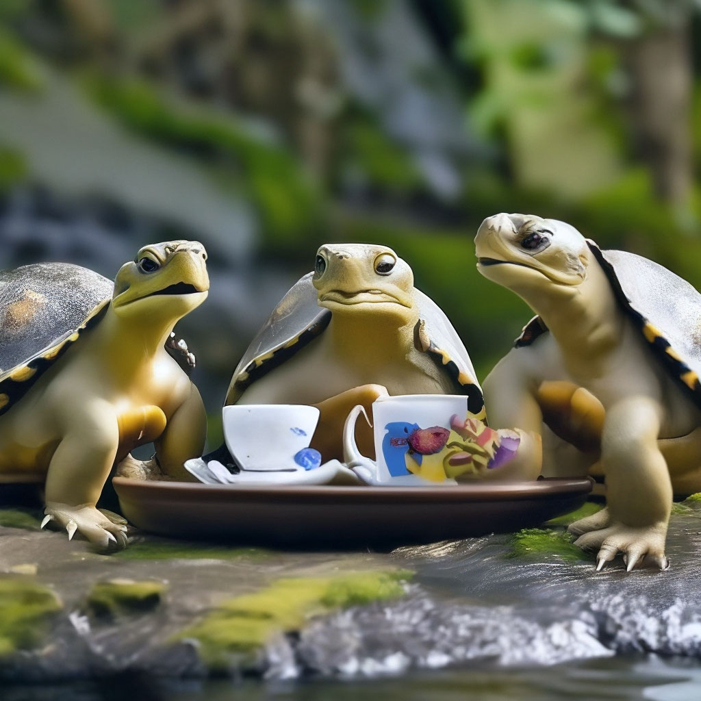 "Jokes were jokes, and the turtles were drinking tea!" — image created ...