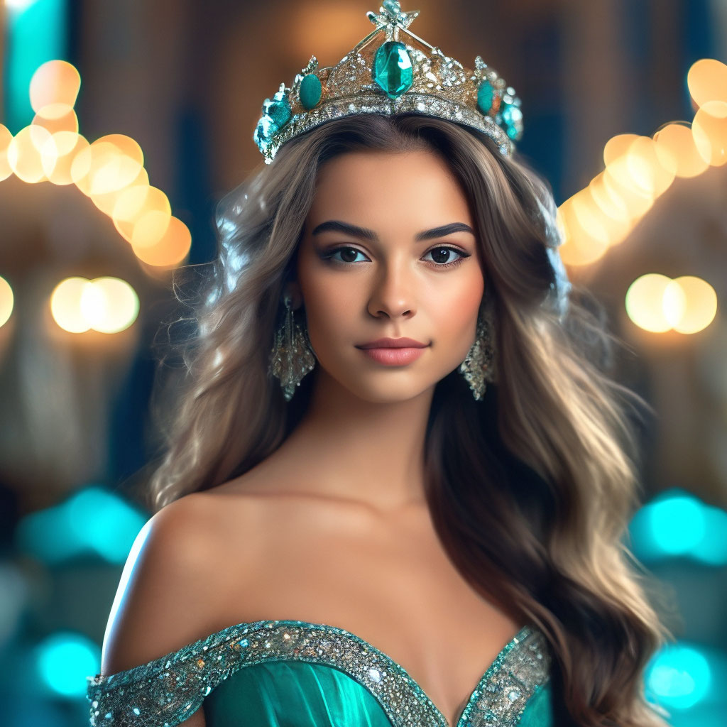 "A princess in a beautiful crown. long brown hair, brown eyes.turquoise ...