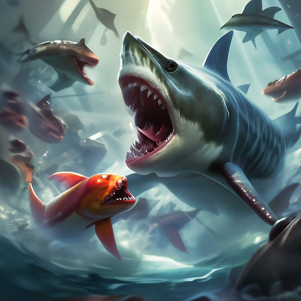 "Shark and fish fight" — image created in Shedevrum
