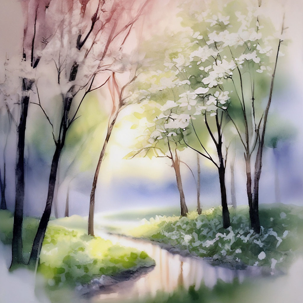 "Watercolor, spring, trees blooming in white, all in a haze, early ...