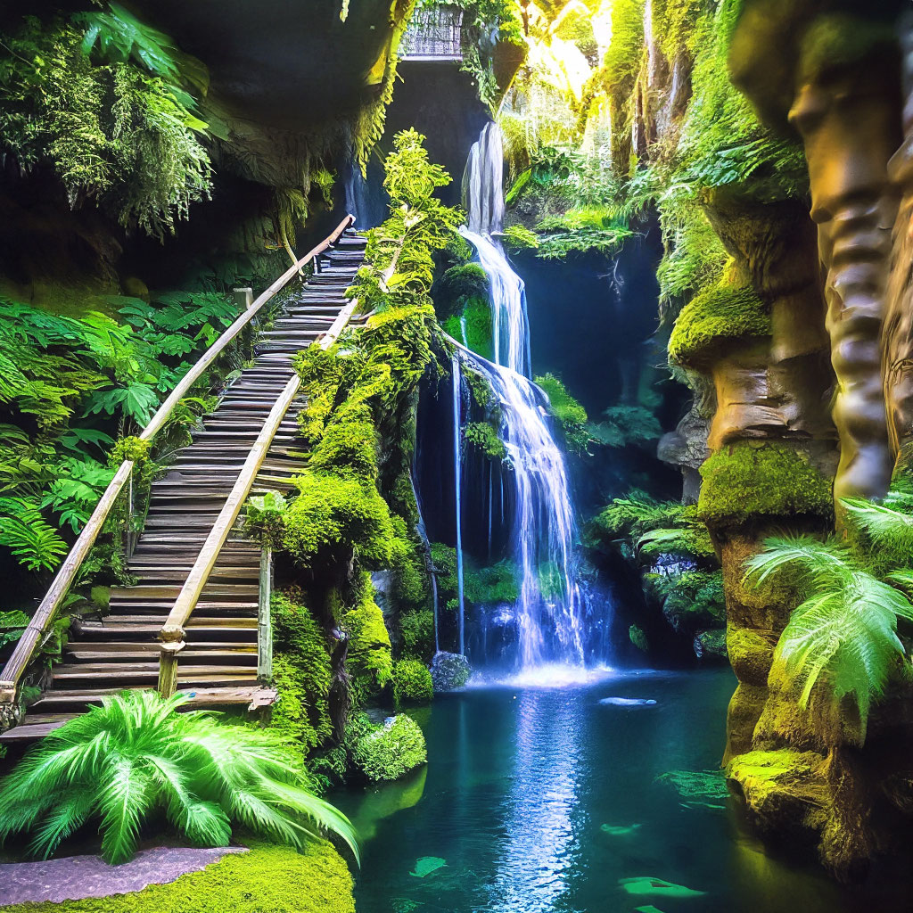 "Huge beautiful grotto, waterfall, lake, stairs, ferns, moss, flowers ...