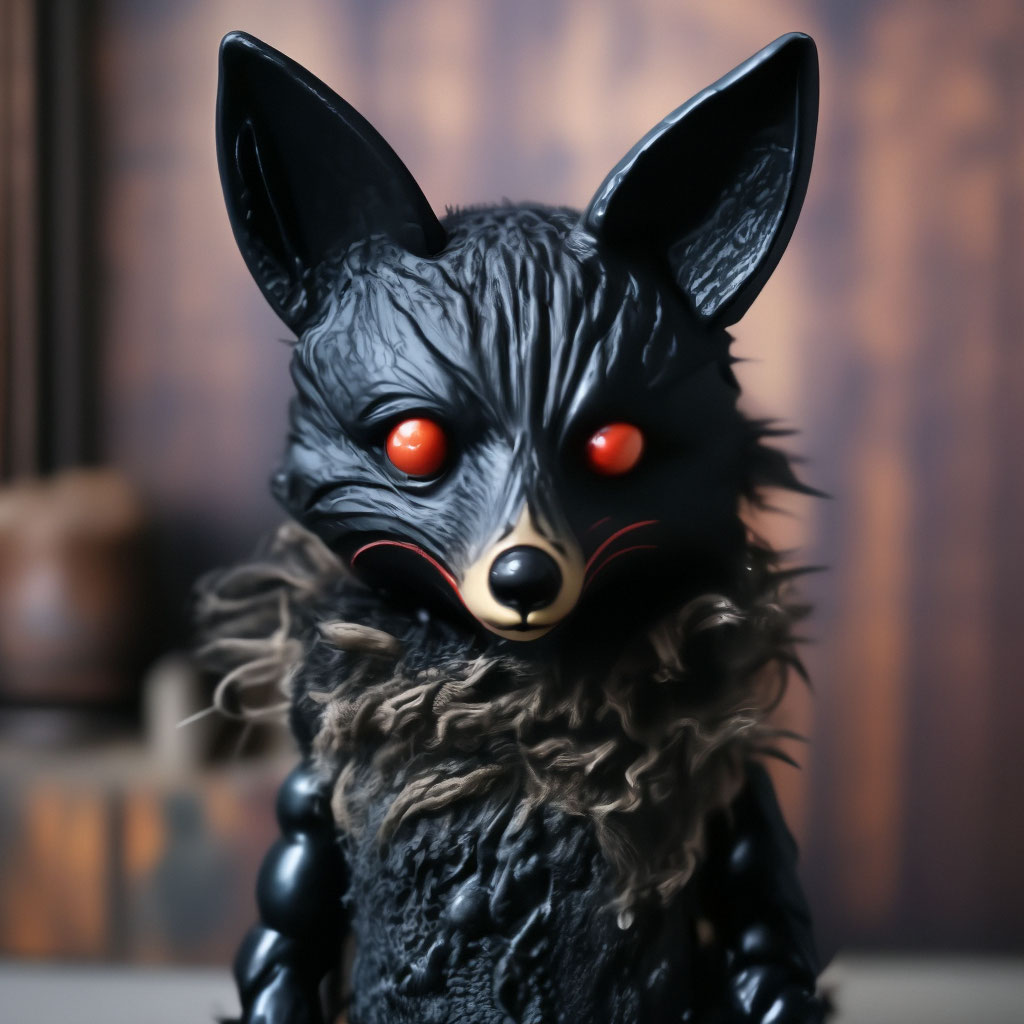 "A scary, creepy, horror toy of a black fox" — image created in Shedevrum