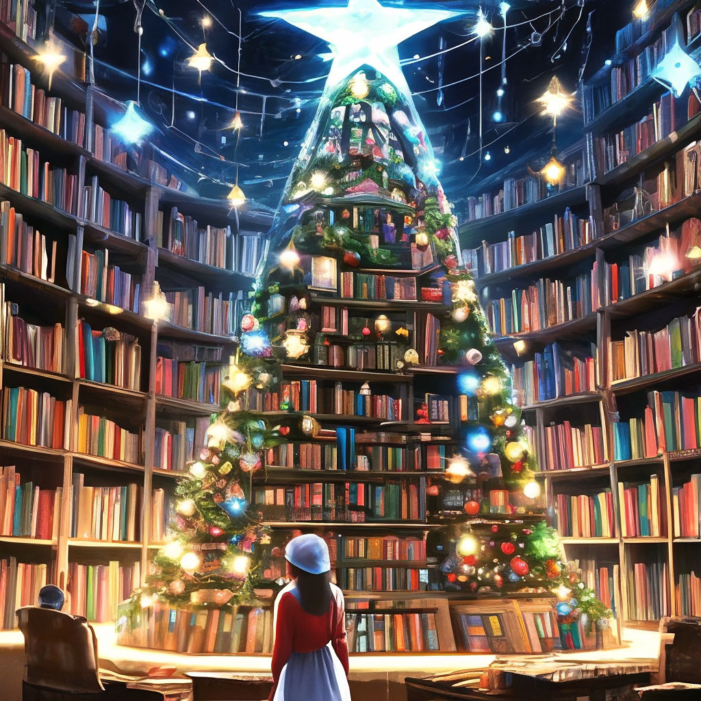 "A full-length Christmas tree made of books, a Christmas tree stands in ...