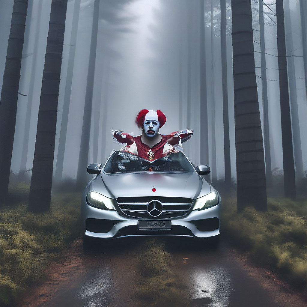"Scary clown, fog, forest, mercedes" — image created in Shedevrum