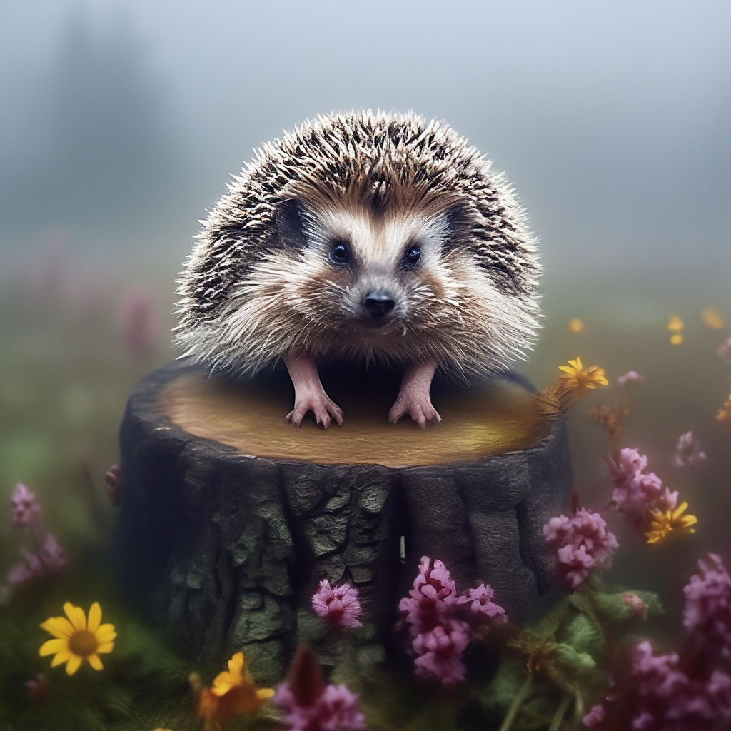 "Hedgehog in the fog,angry,sadness,field ,sat on a stump,flowers in ...
