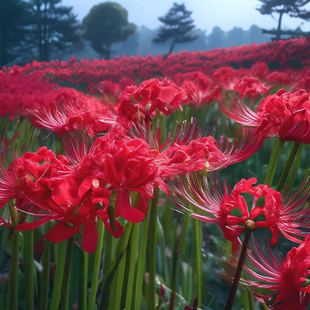 "A field of beautiful bright red flowers lycoris,surrealism ...