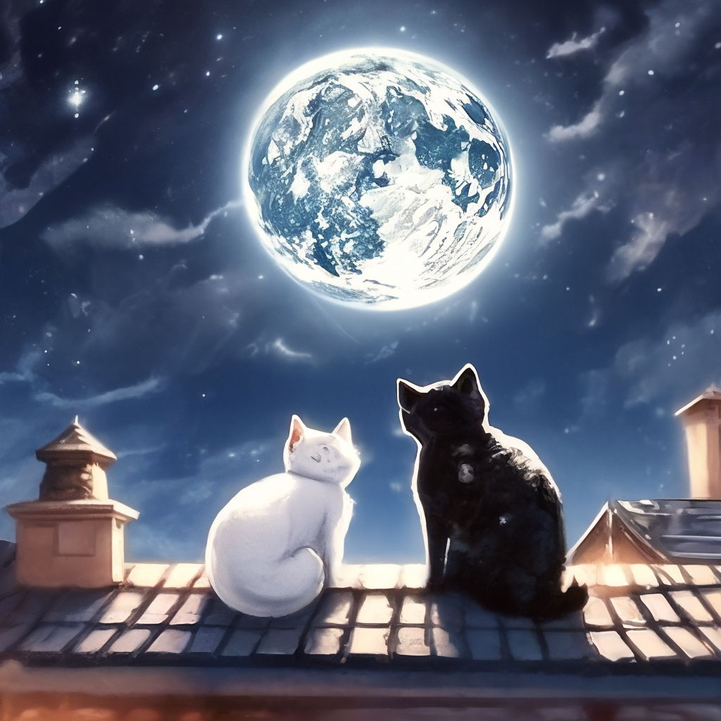 "Beautiful night, big white moon, stars, space, on the roof a white cat ...