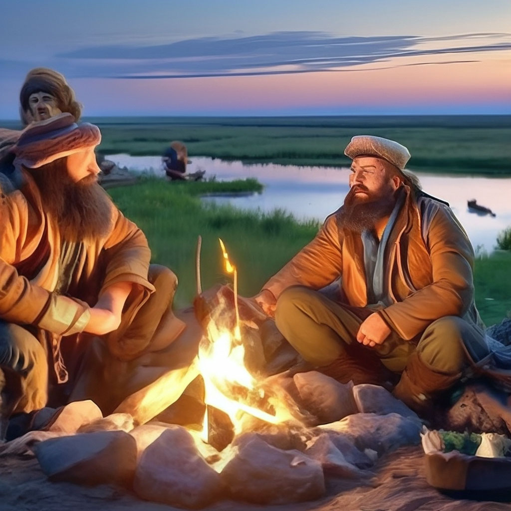 "Professional photo. two bearded geologists came to the flood meadows ...