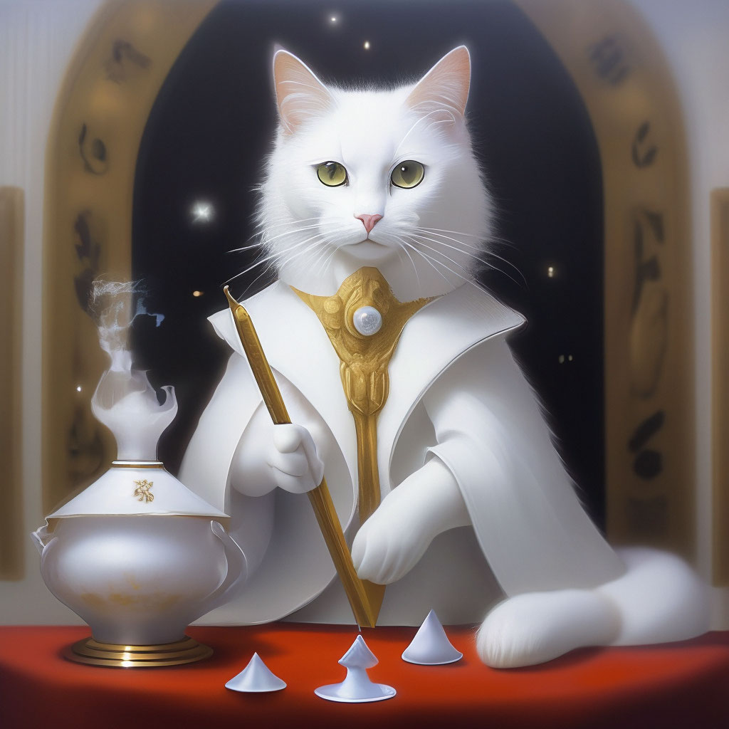 "The white magician cat" — image created in Shedevrum