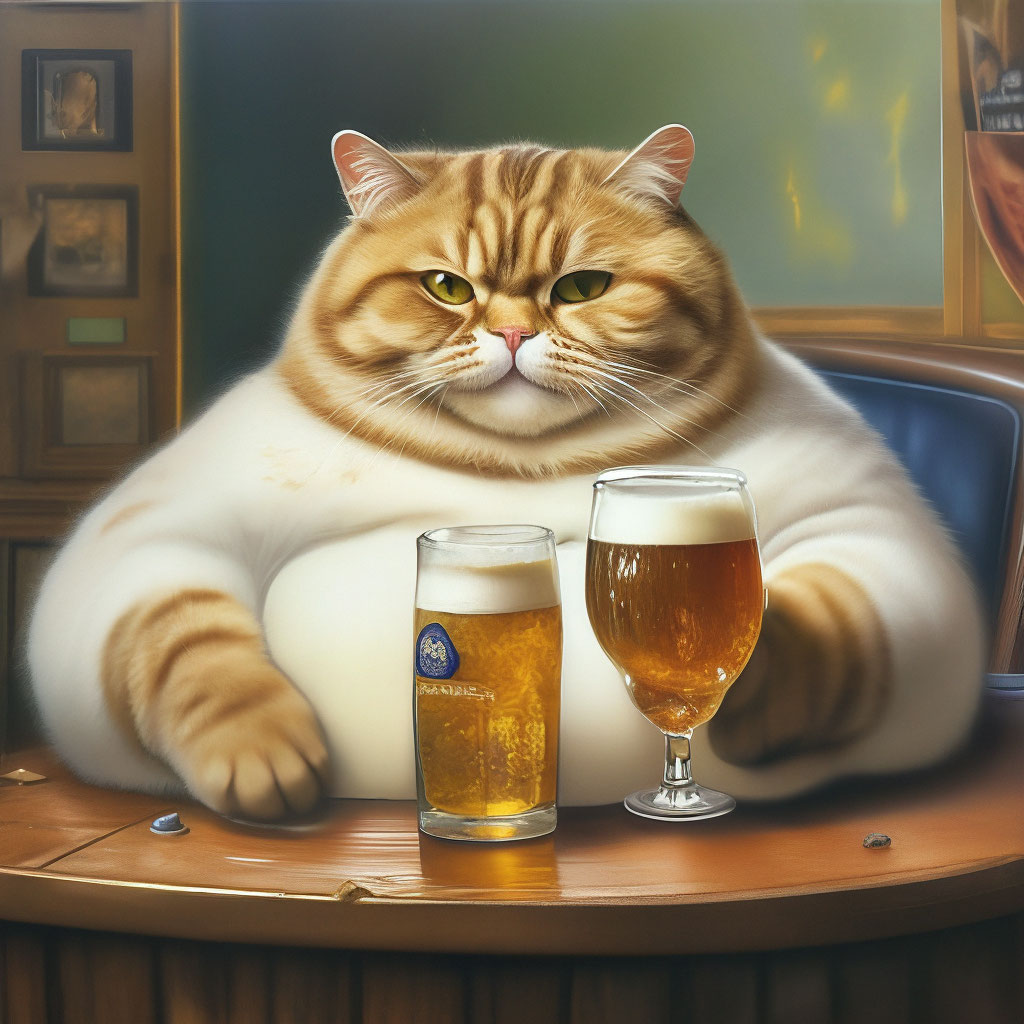 "A very fat cat drinks beer" — image created in Shedevrum