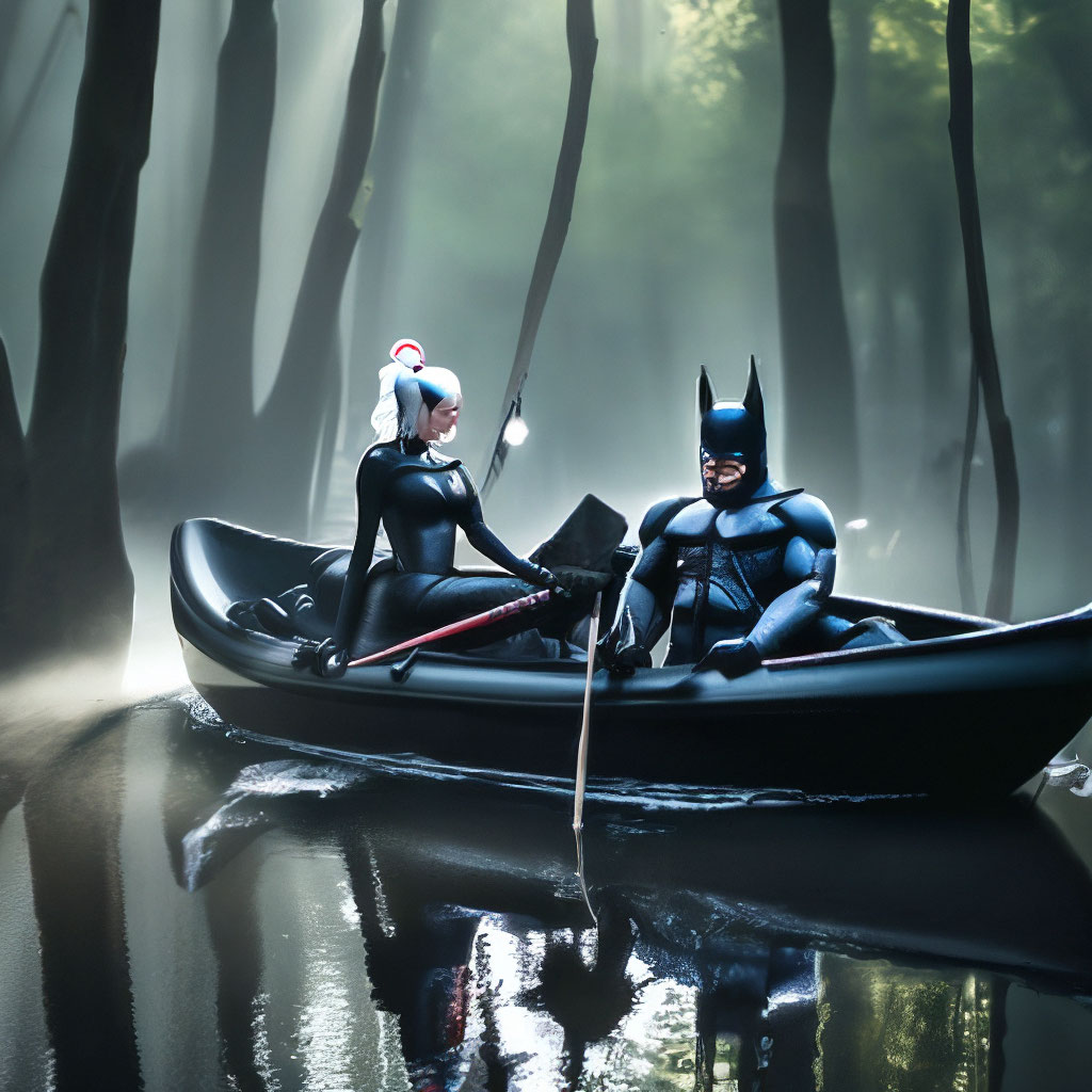 "Batman and Harley Quinn are sitting in a rubber boat in the middle of ...