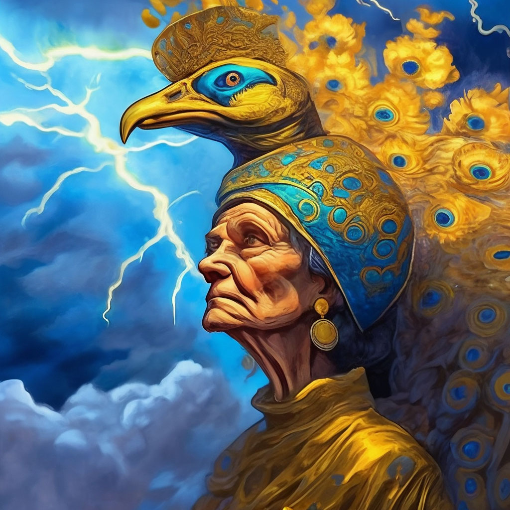 "Hyperrealism, anthropomorphic cloud peacock, old Baba yaga in the ...