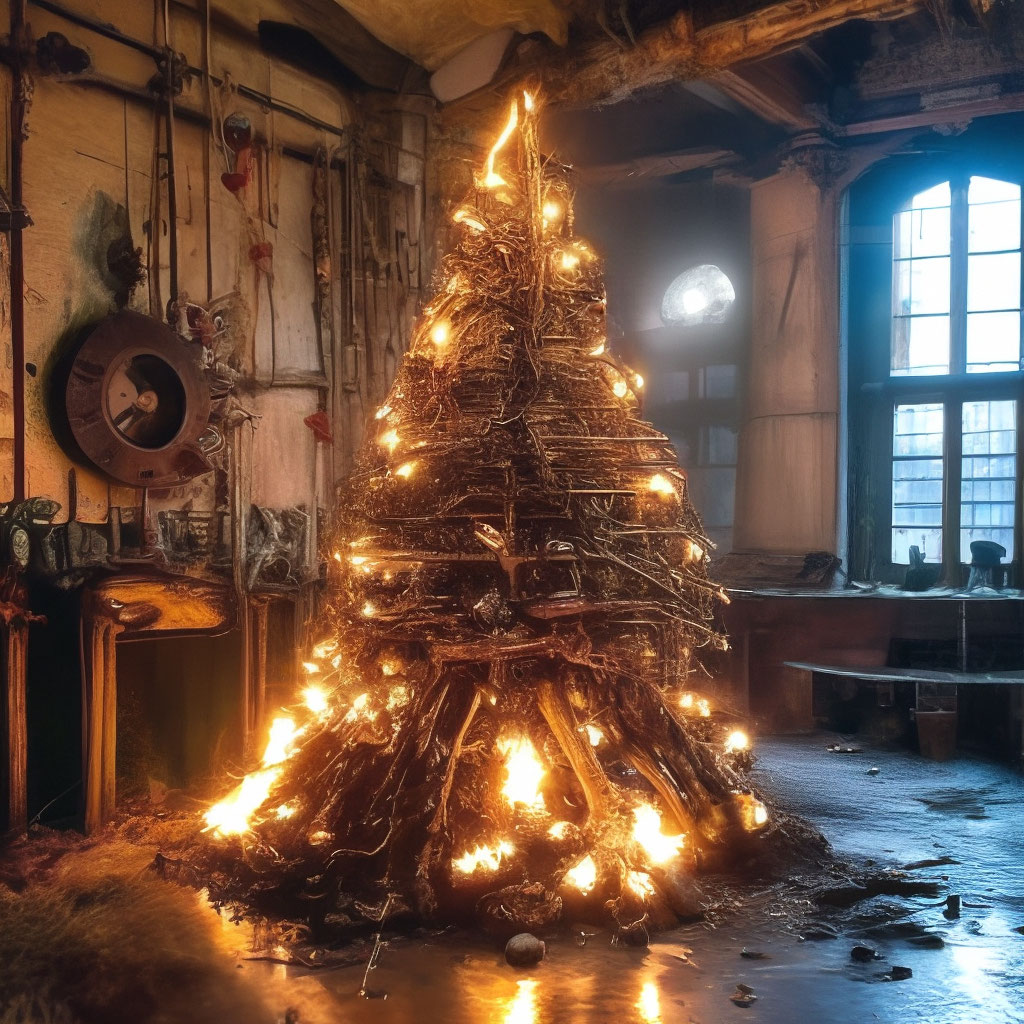 "A burnt Christmas tree that was decorated with an old garland, after ...