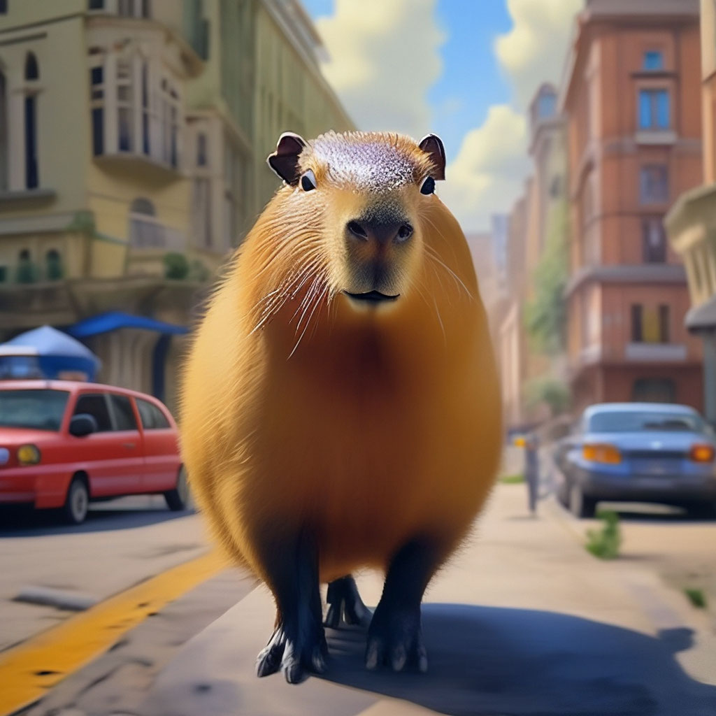 "A huge capybara is walking through the city" — image created in Shedevrum